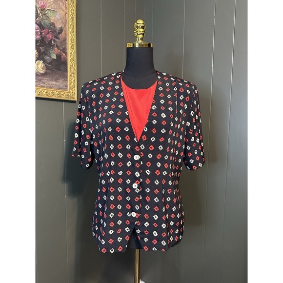 Koret | Tops | Vintage Koret Red Black Artsy Short Sleeve Blouse | Poshmark